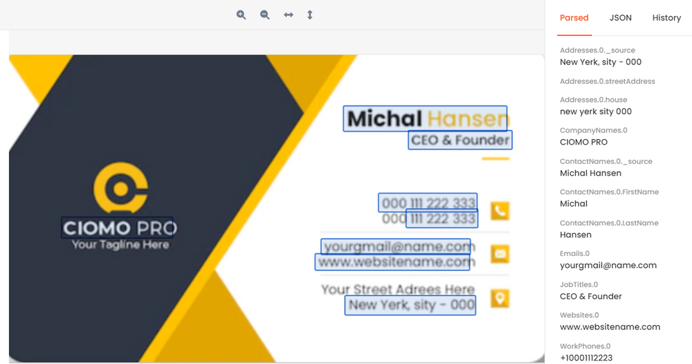 Extracting data from business cards with the help of an AI parser